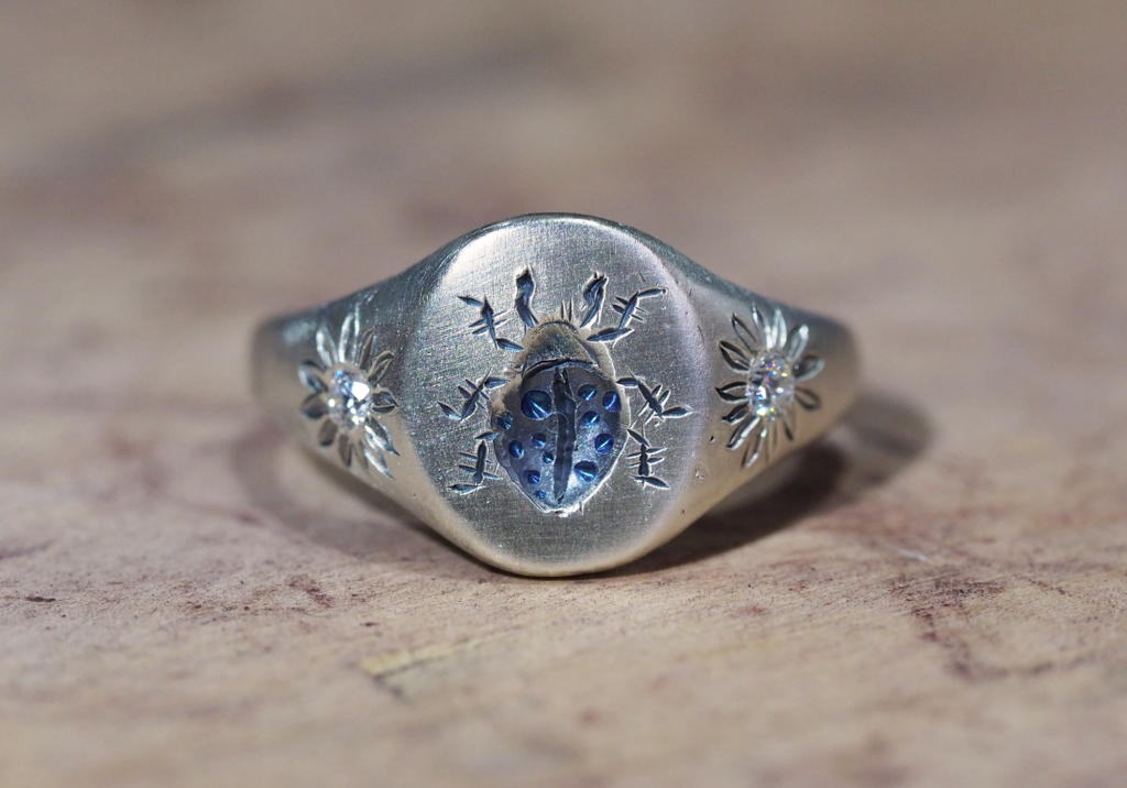 Ladybird Ring – Hand Engraved Sterling Silver Ring – Atethos Jewelry