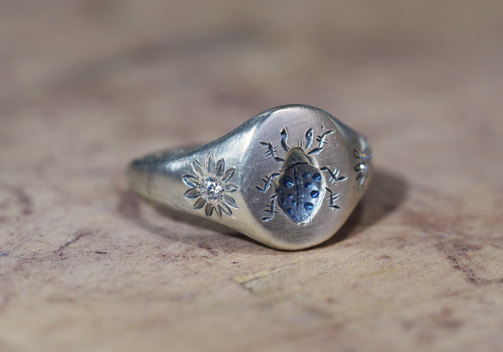 Ladybird Ring – Hand Engraved Sterling Silver Ring – Atethos Jewelry